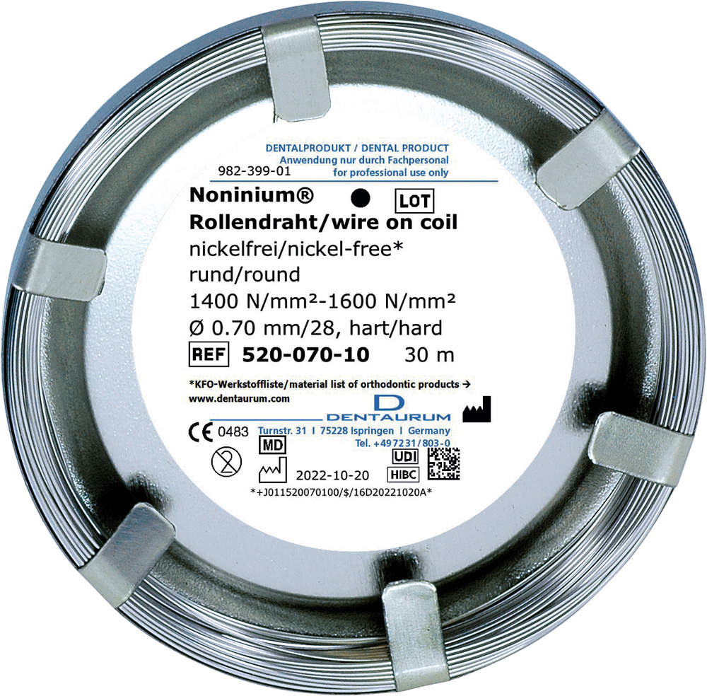 Noninium® wire on coil, round 0.70 mm / 28, hard - DENTAURUM USA eShop